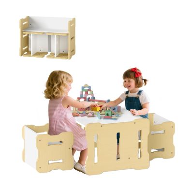 3 DEL. Barn Bord och Stol Set med 2 Pall och Aktivitetbord Rundad Hörn ...
