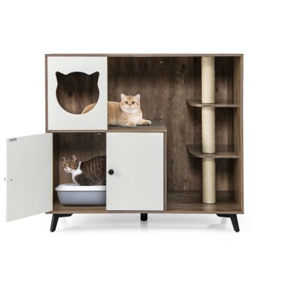 Kattlåda med 3 sisal-klösstänger Kattlåda med 5 metallben Grå+vit - Costway